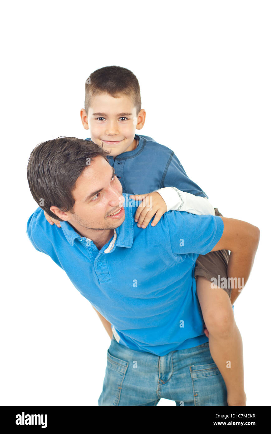 Child boy riding father back and having fun together isolated on white ...