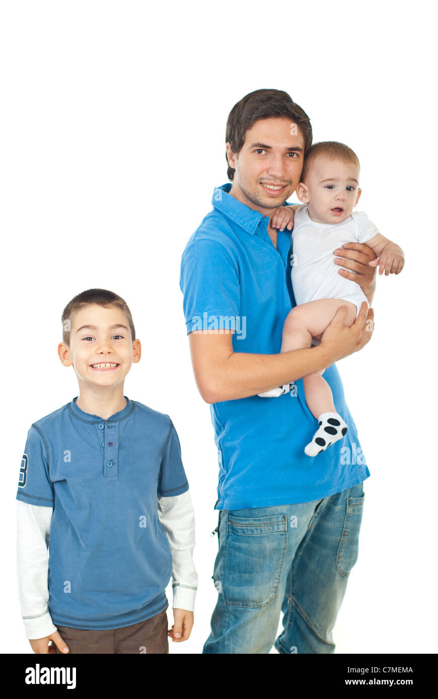 Cheerful father with two boys isolated on white background Stock Photo ...