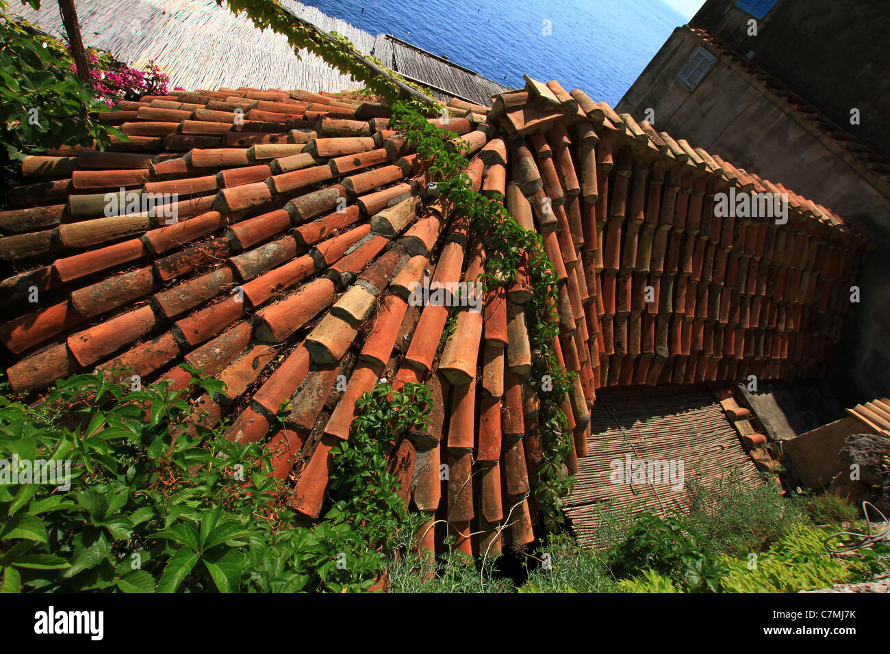 Amalfi Coast , building roof that looks like a sea creature, pan tiled ...