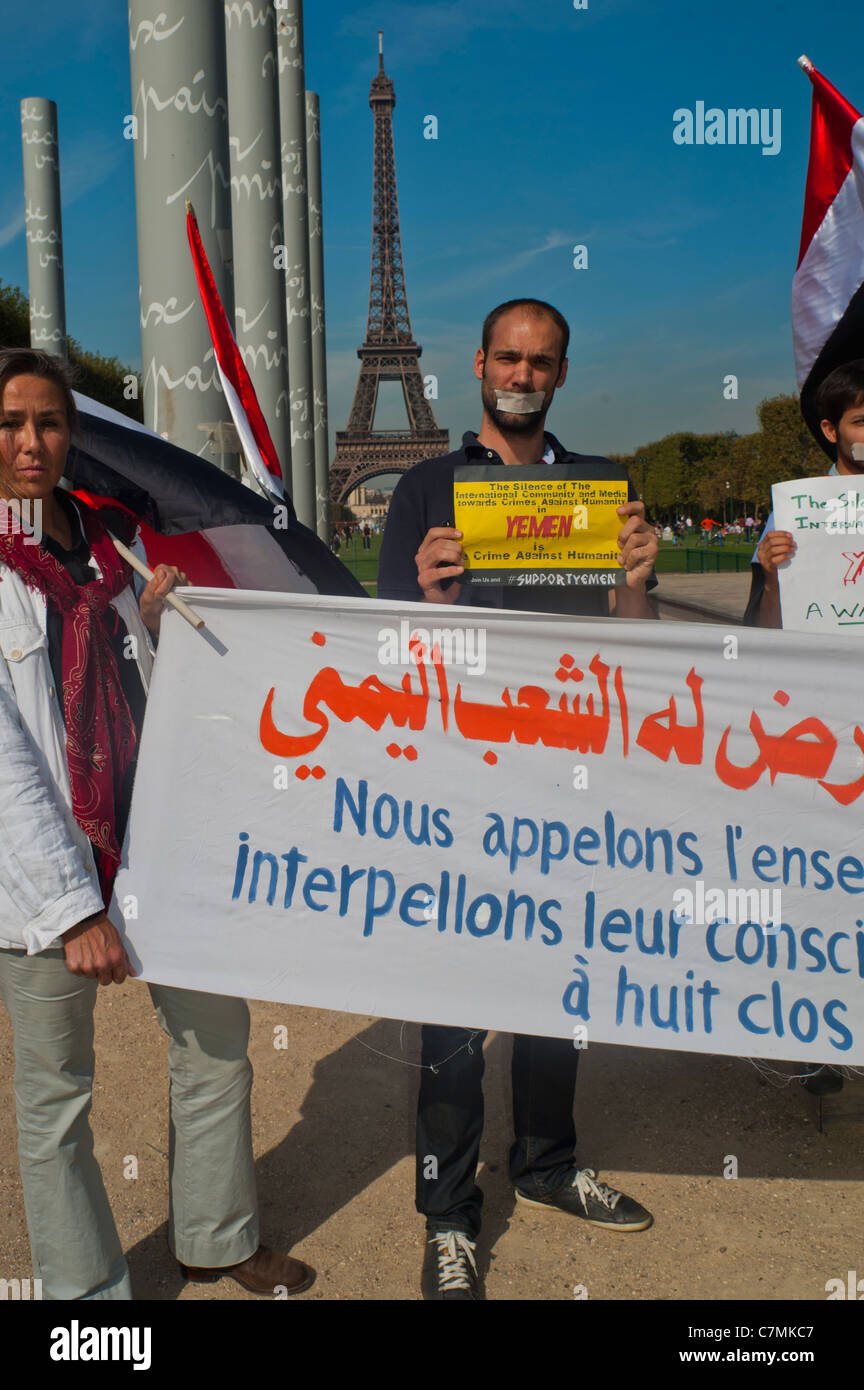 Paris, France, Portrait Man Holding Protest sign, Mouth Gagged, Arab ...