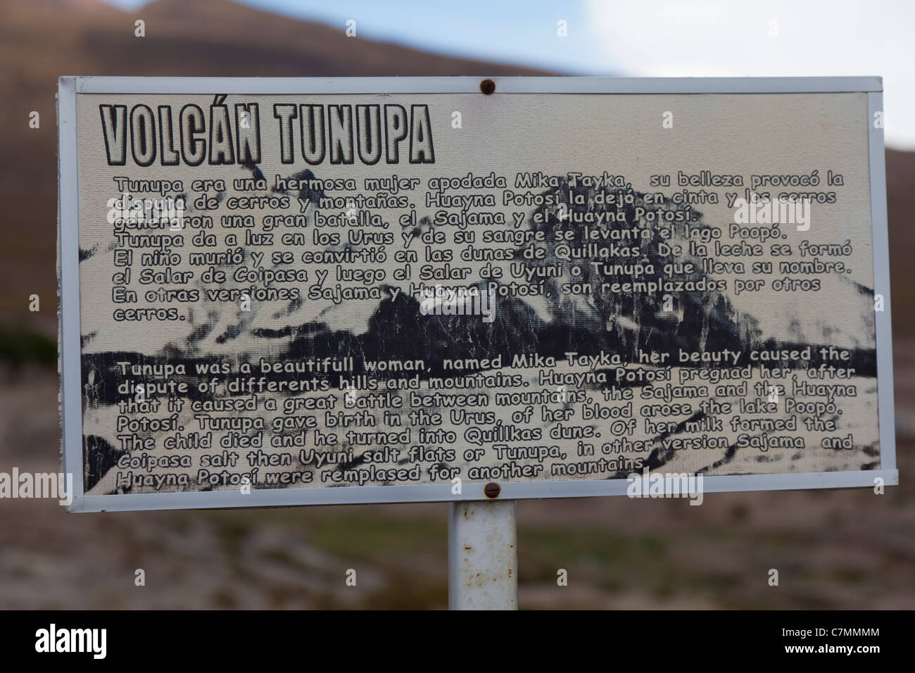 Tunupa volcano sign explaining the myths surrounding the volcano ...