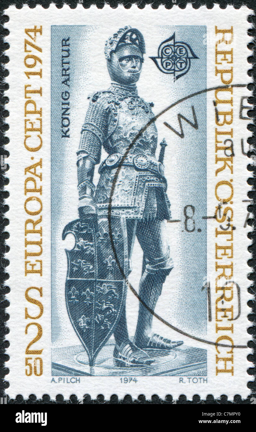 AUSTRIA - 1974: Shows a bronze figure of "King Arthur of England" by ...