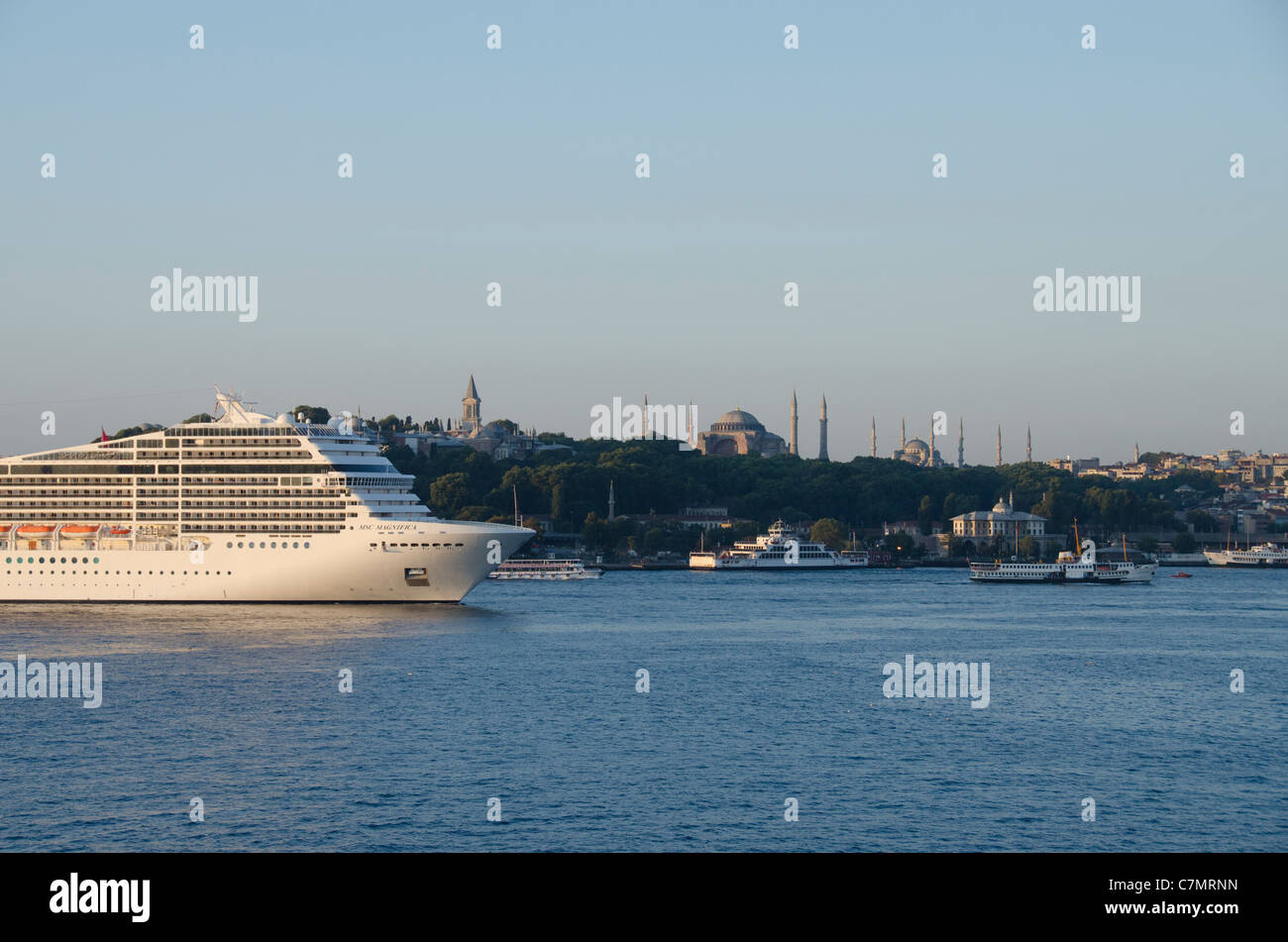 Turkey, Istanbul. Cruise ship sailing the Bosphorus into Istanbul, city ...