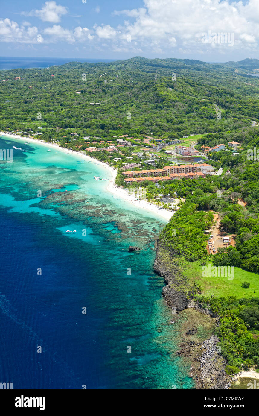 Aerial view of the island of Roatan. West Bay Beach and surrounding ...