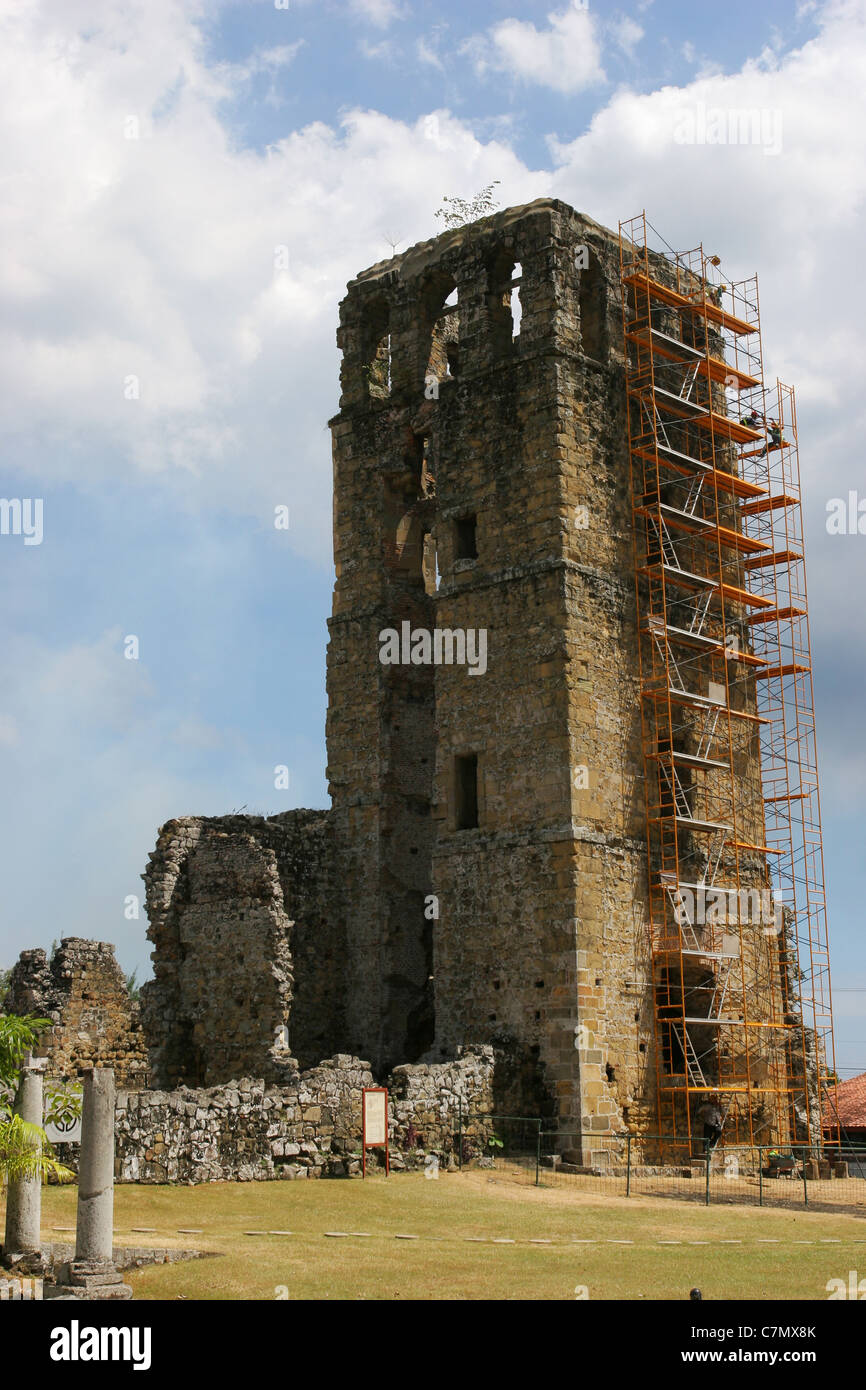 Restoration works of the main tower of Panama Viejo ruins Stock Photo ...