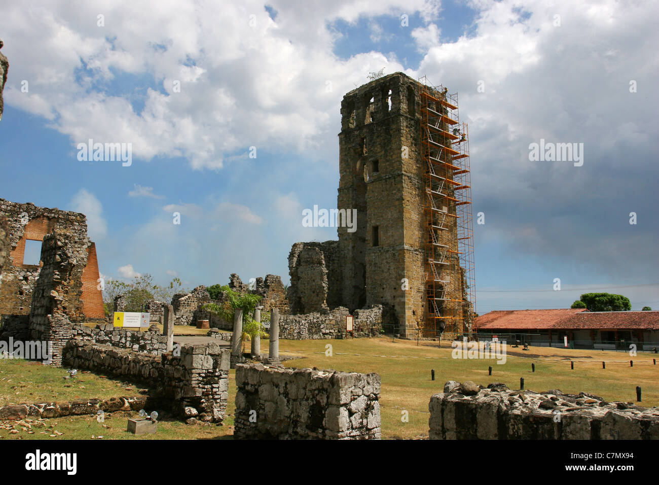 Restoration works of the main tower of Panama Viejo ruins Stock Photo ...