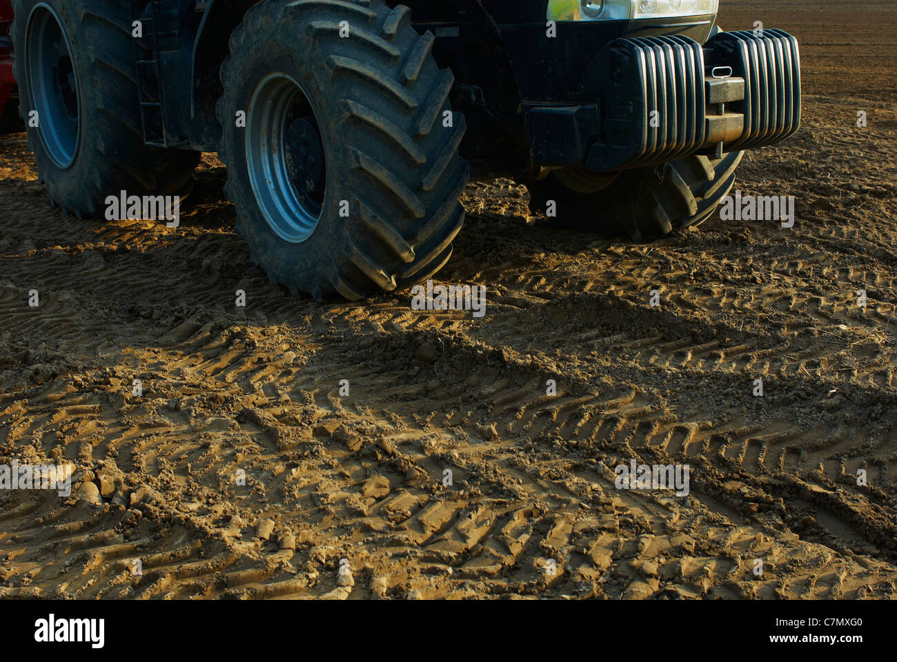 Track of tractor in soil autumn field Stock Photo - Alamy