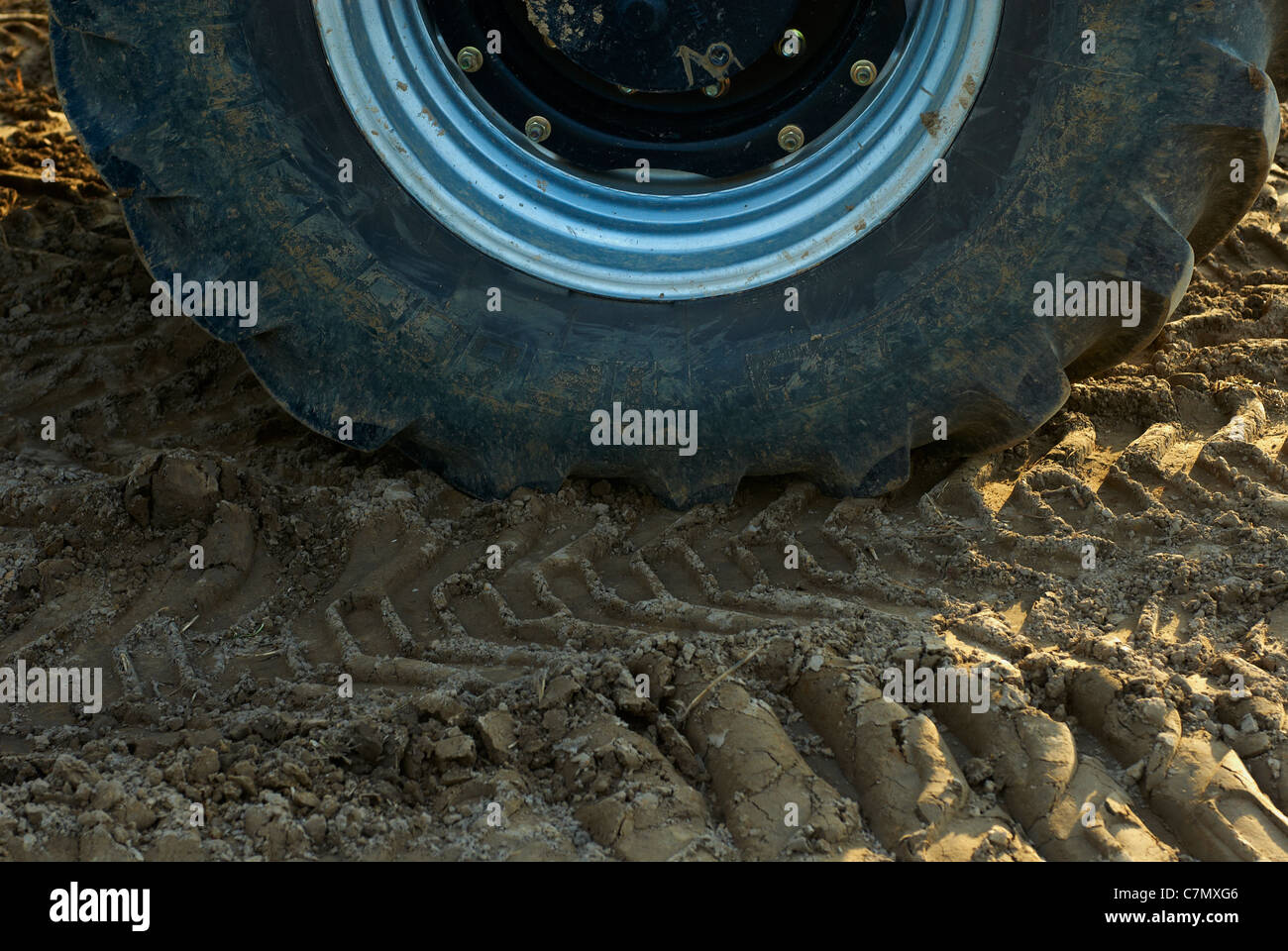 Track of tractor in soil autumn field Stock Photo - Alamy