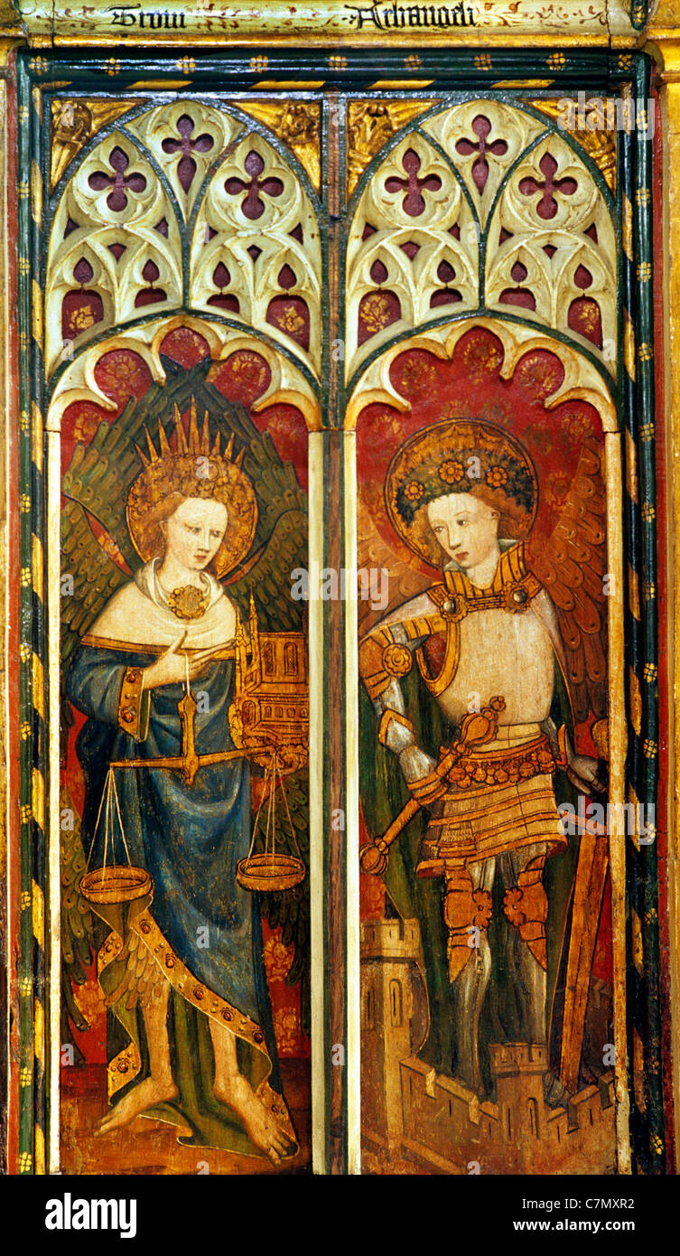 Barton Turf, Norfolk, rood screen, Thrones, holding pair of scales, and ...