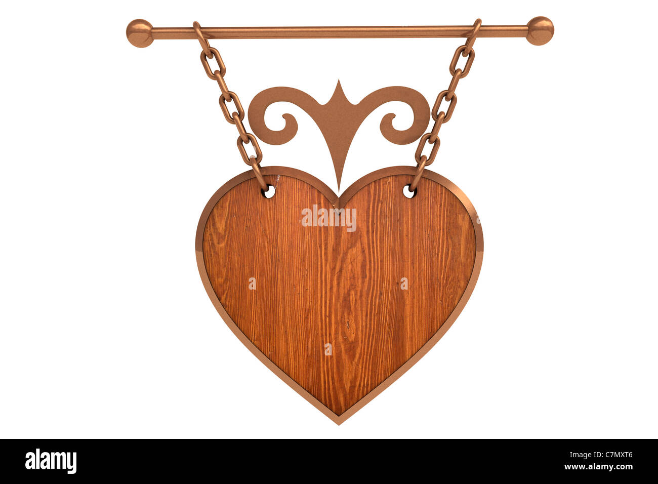 Wooden heart sign hanging on white background with abstract shape Stock ...