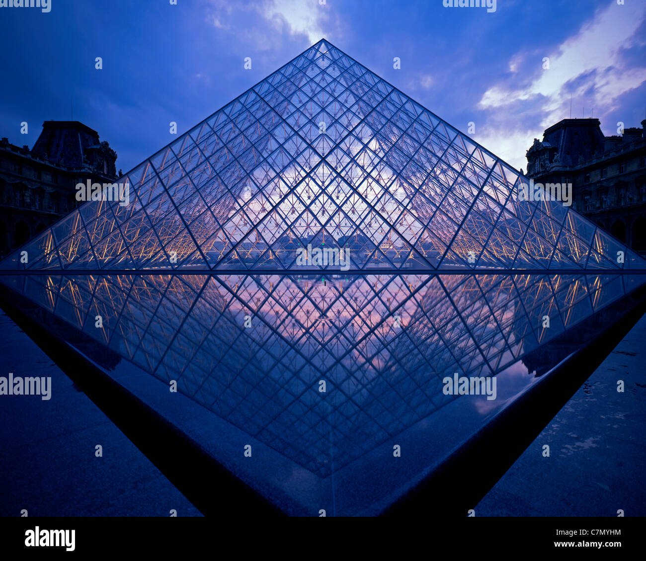 Louvre Museum, Night View of Pyramid, Dusk, evening, twilight ...
