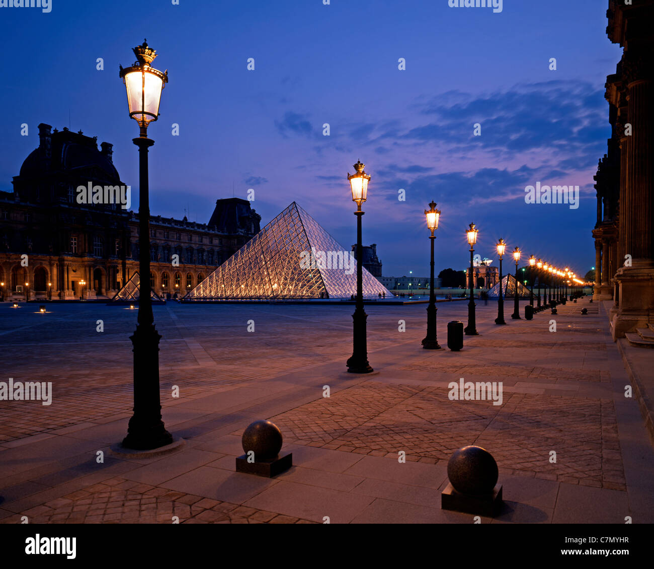 Louvre Museum, Night View of Pyramid, Dusk, evening, twilight ...