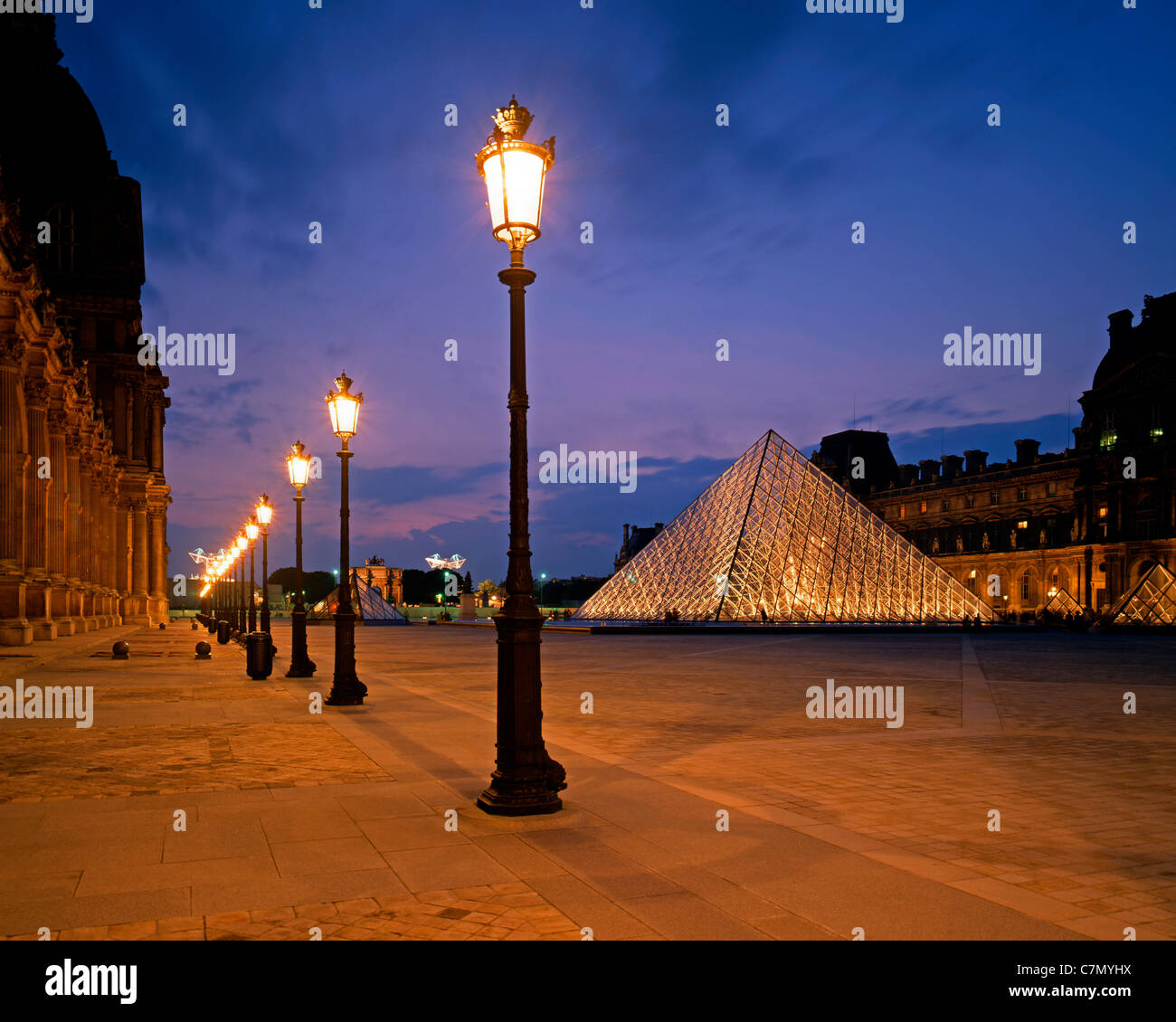 Louvre Museum, Night View of Pyramid, Dusk, evening, twilight ...