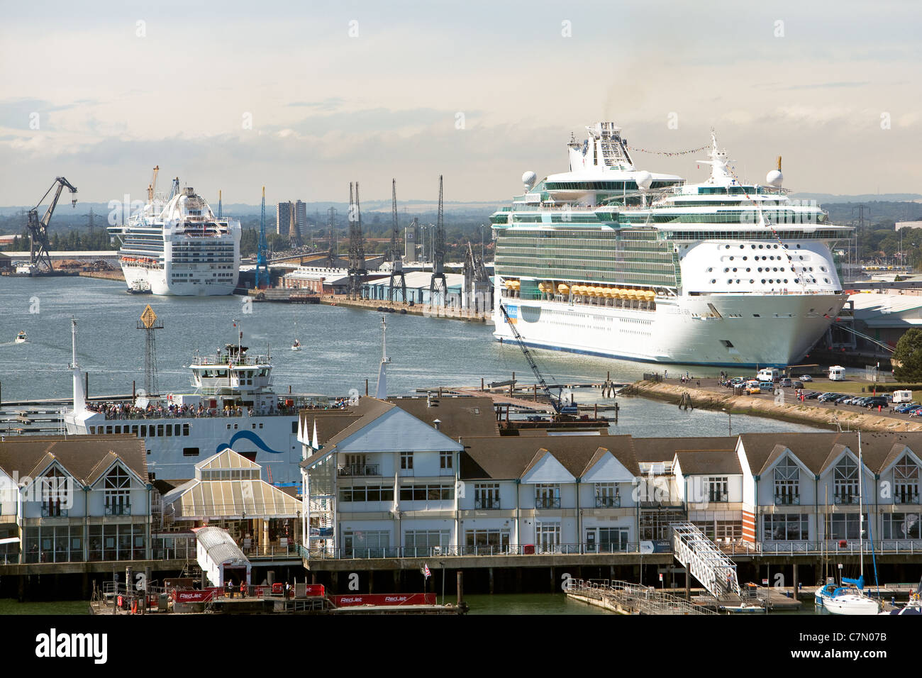 Port of Southampton looking across at a cruise ship loading passengers ...