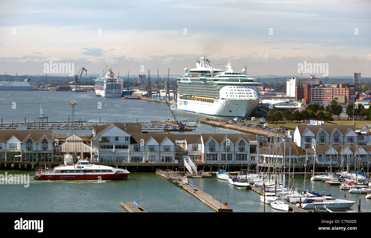 Port of Southampton looking across at a cruise ship loading passengers ...