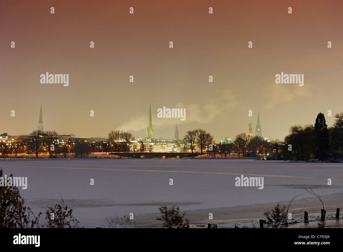 Panorama, winter, Outer Alster lake, Winterhude district, Hanseatic ...