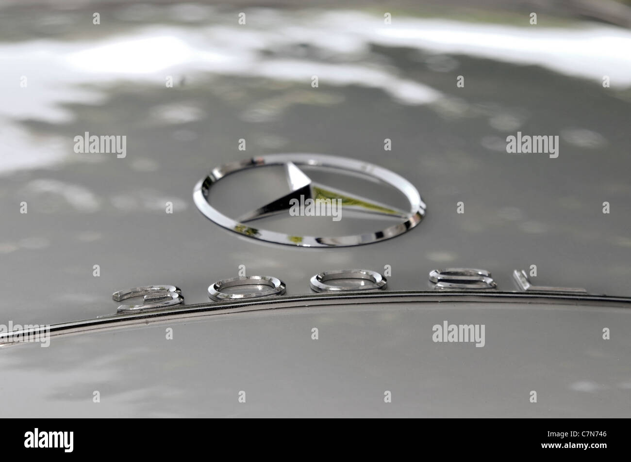 Vintage car, Mercedes Benz 300SL, built in 1977, raised metal lettering ...