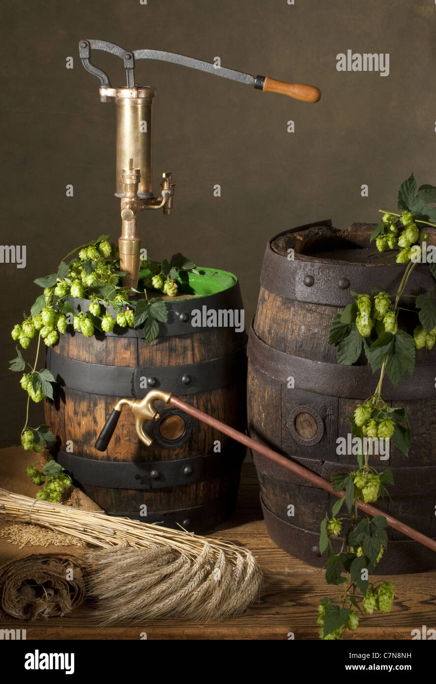 still life with barrel and hops Stock Photo - Alamy