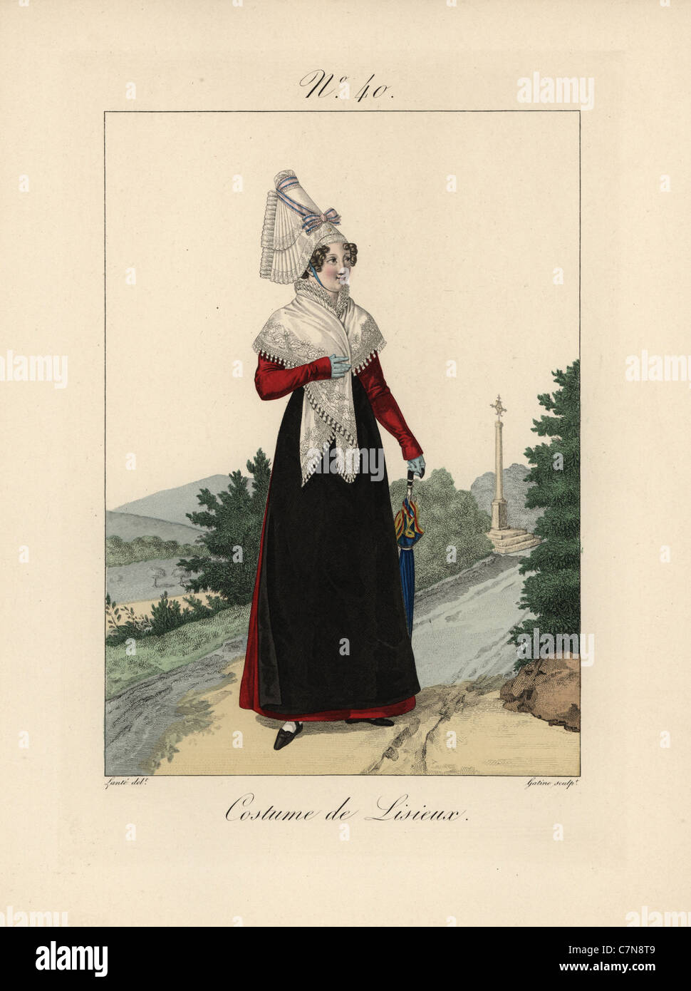 Woman in costume of Lisieux. She wears a pink and blue ribbon tied to ...
