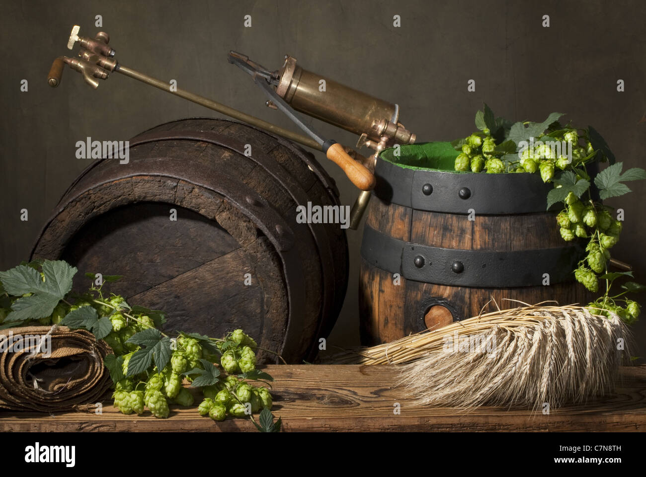 still life with barrel and hops Stock Photo - Alamy