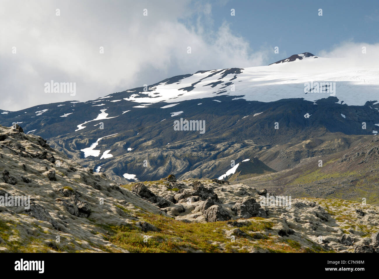 Snæfellsjökull glacier and lava flows on the volcano Snæfell at the end ...