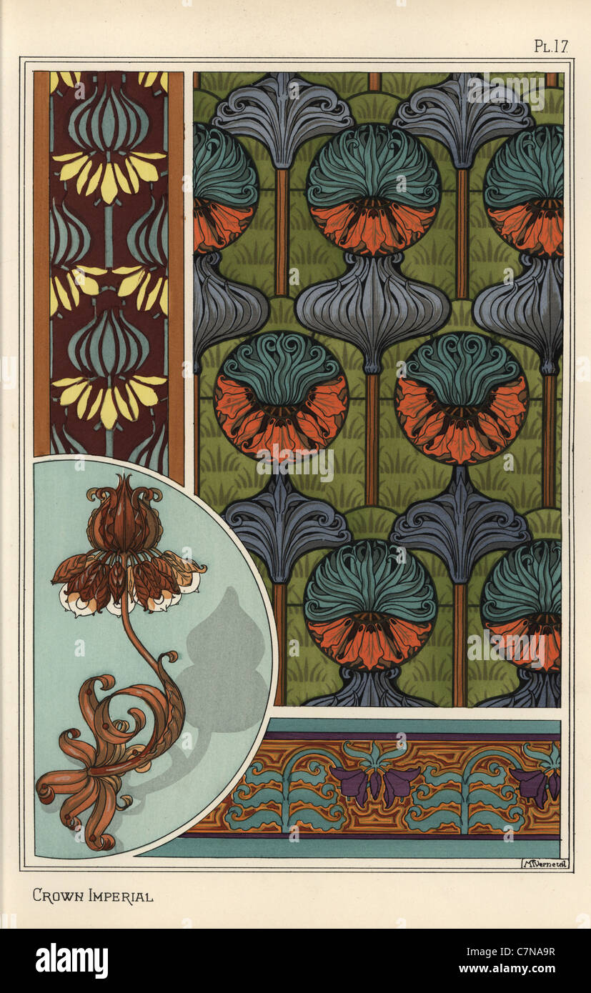 Crown imperial flower, Fritillaria imperialis, in wallpaper and fabric ...