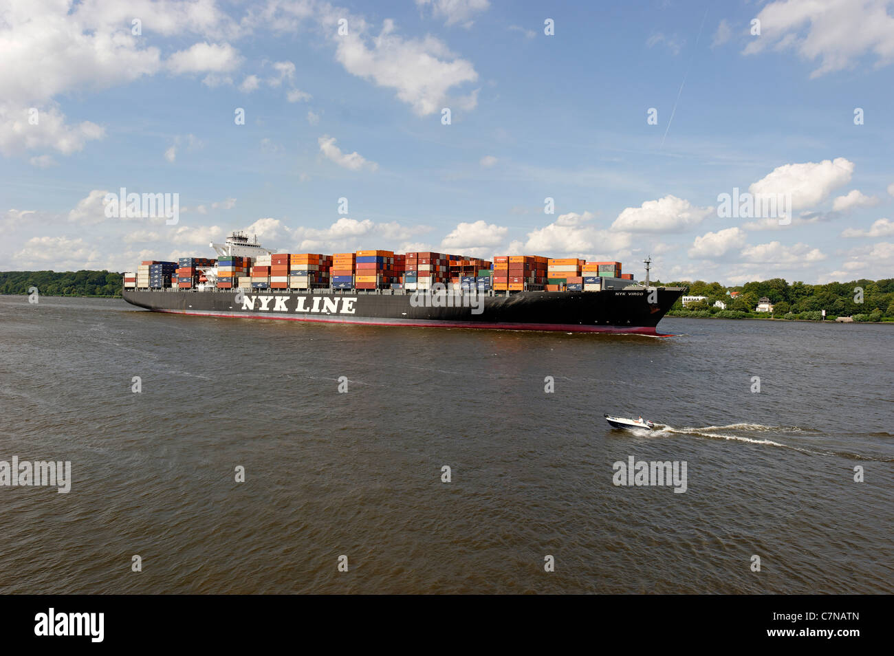 NYK VIRGO super freighter entering port, Finkenwerder, Port of Hamburg ...