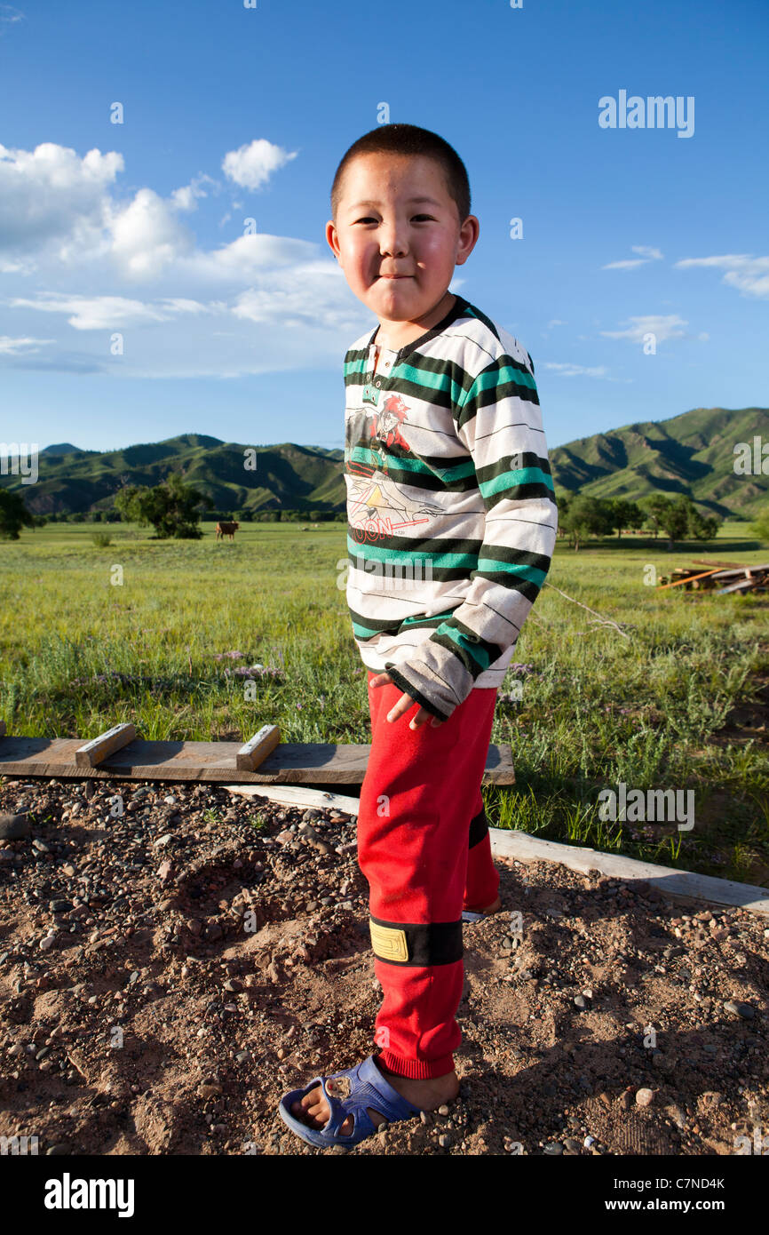 Mongolian child take pose in Selenge river side. Mongolia Stock Photo ...