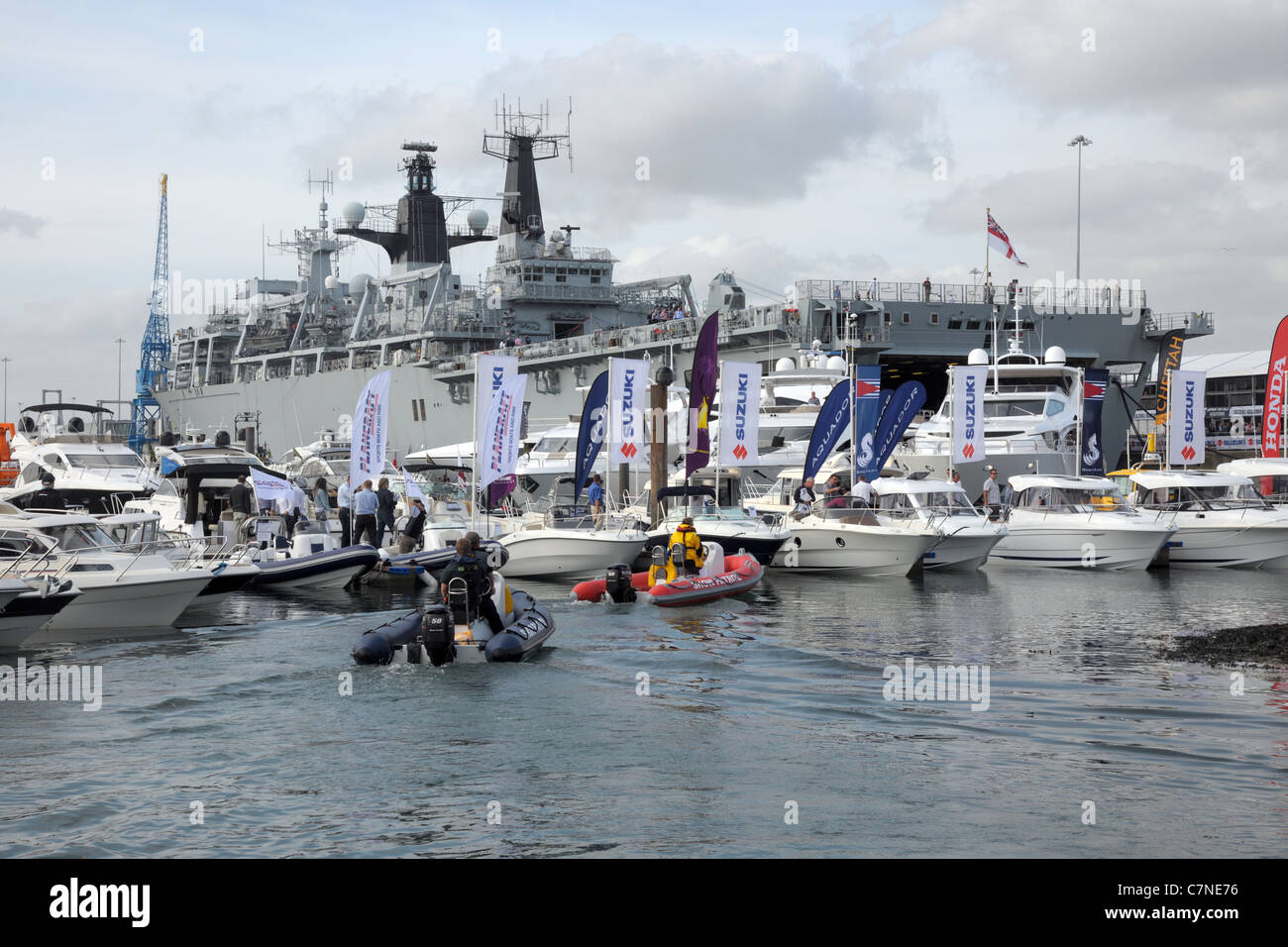 View of HMS Bulwark and the small vessels on display at the Southampton ...