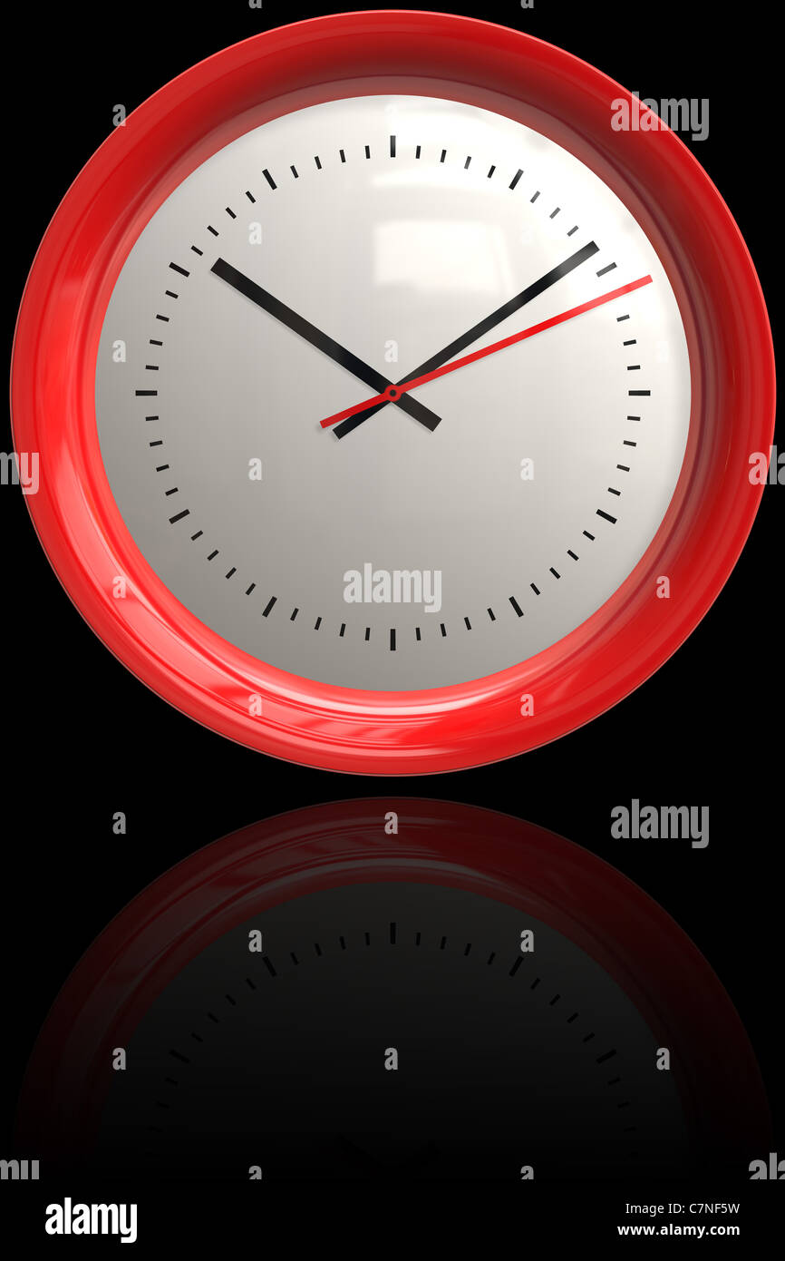 A red bezel 3D clock illustration with reflection and copyspace ...