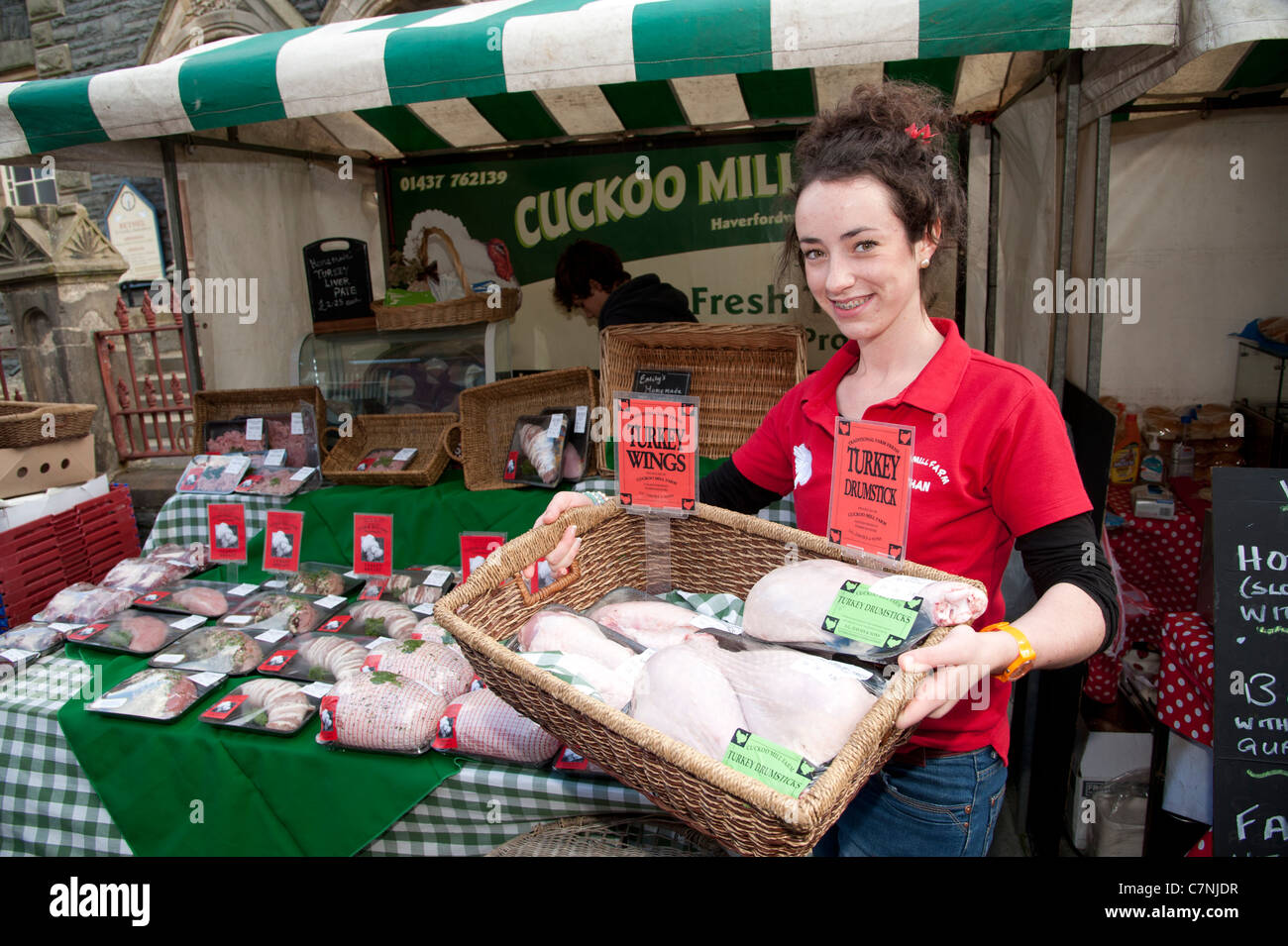 A young woman selling turkey joints Aberystwyth Food Fair, September ...