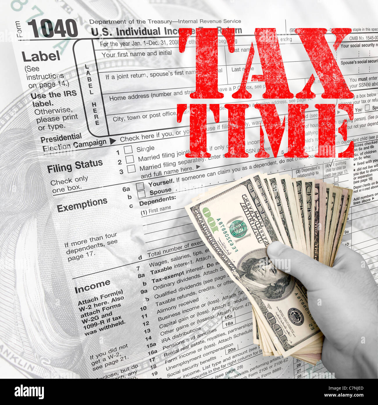 A tax time themed montage for US taxpayers with a hand full of money ...