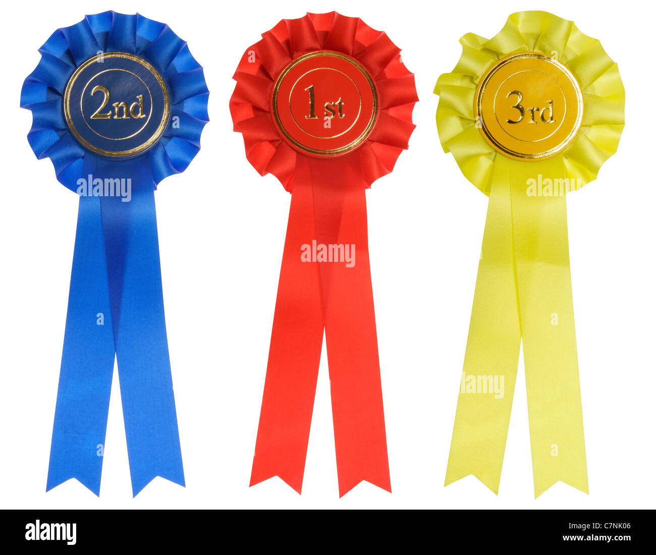 First, second and third place rosettes on white background Stock Photo ...
