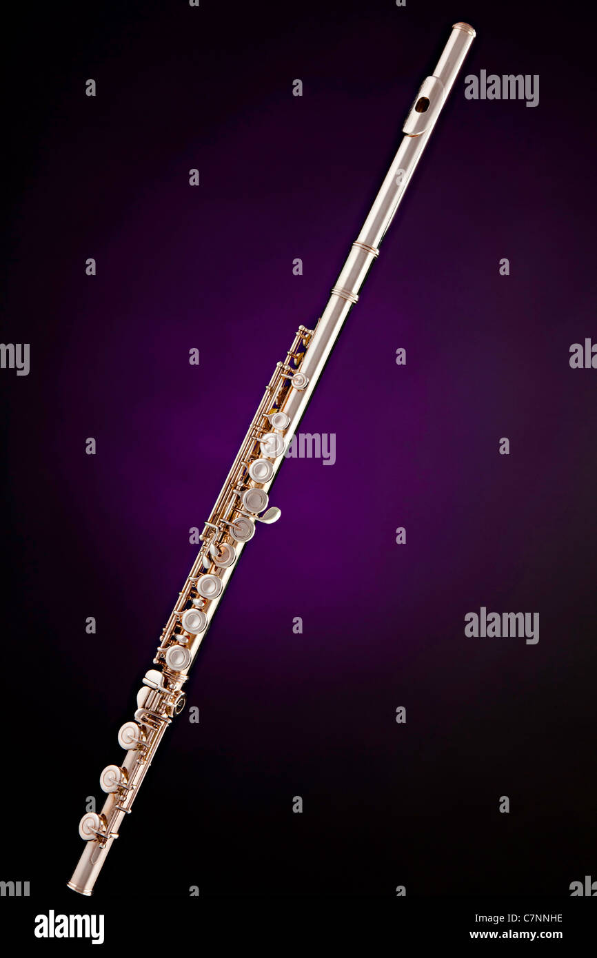 A professional silver flute music instrument isolated against a ...