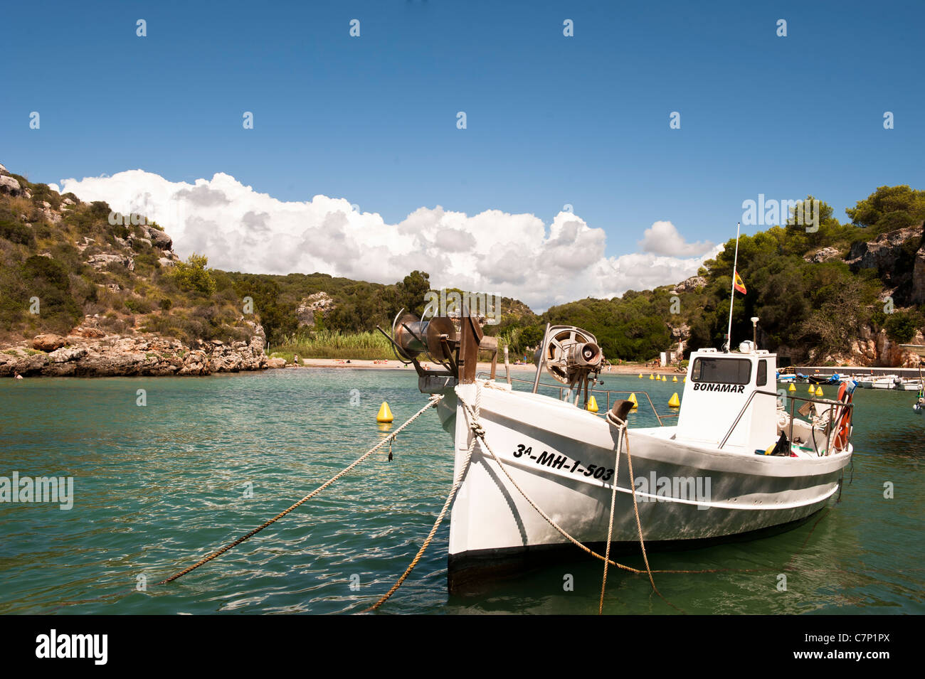 Fishing boats docked in the port on Menorca / Minorca Island Stock ...