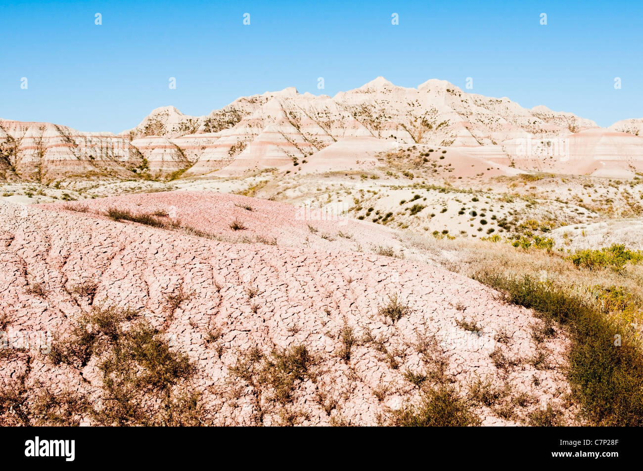 Colorful buttes and spires seen from the Loop Road in Badlands National ...