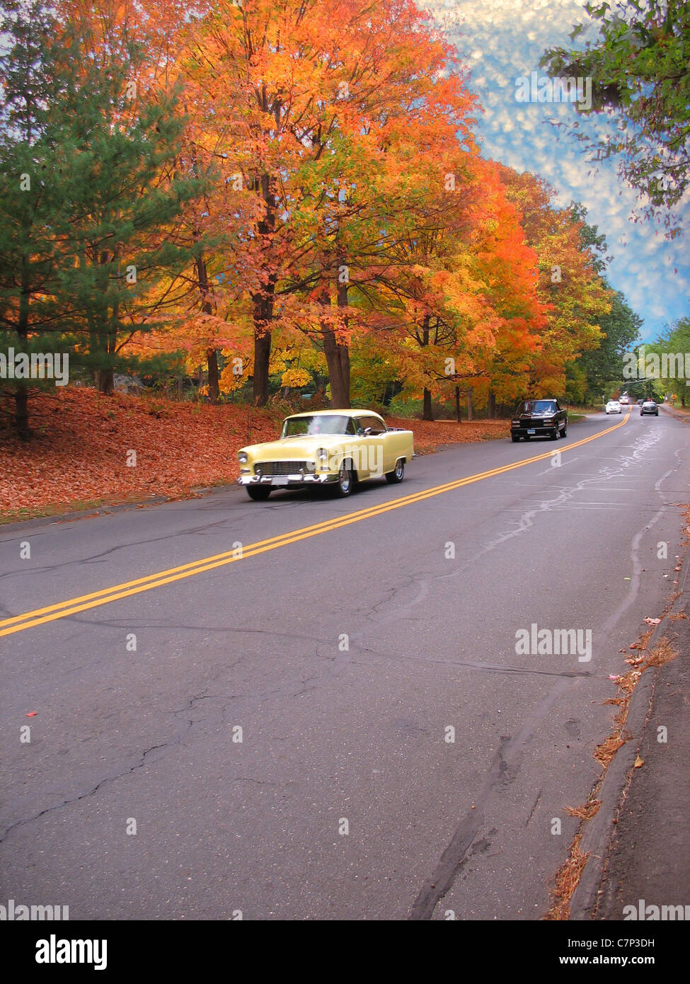 A vintage american muscle car driving down the road on a nice autumn ...