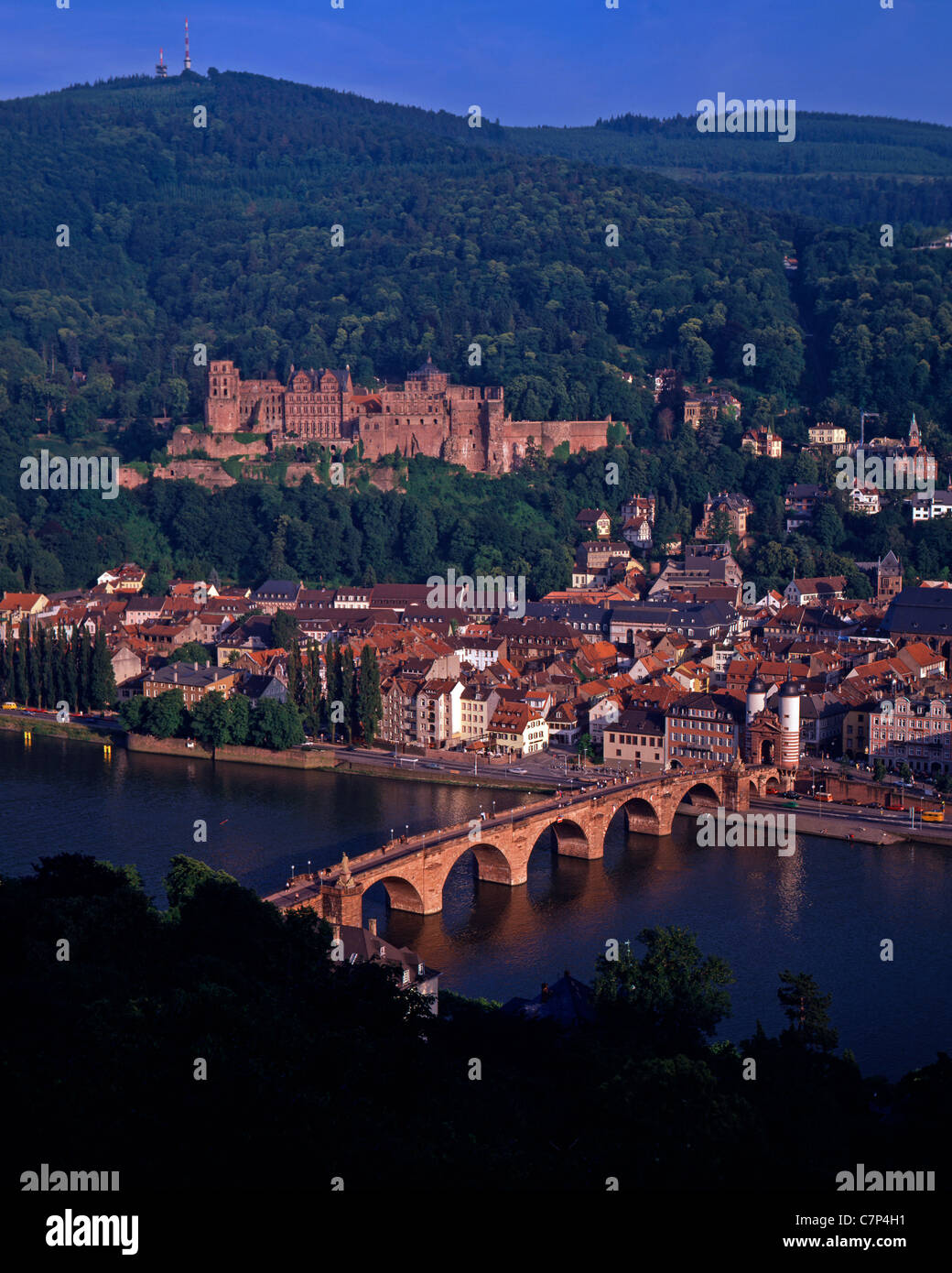 Heidelberg, Evening view, Castle, Necar river, Stone bridge, Old town ...