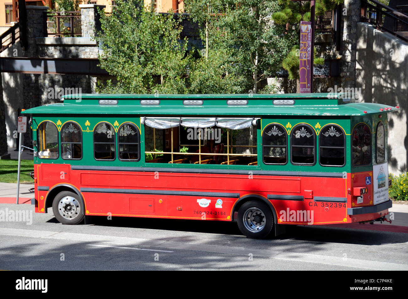 Red and green shuttle bus at Mammoth Mountain Resort. California, USA ...