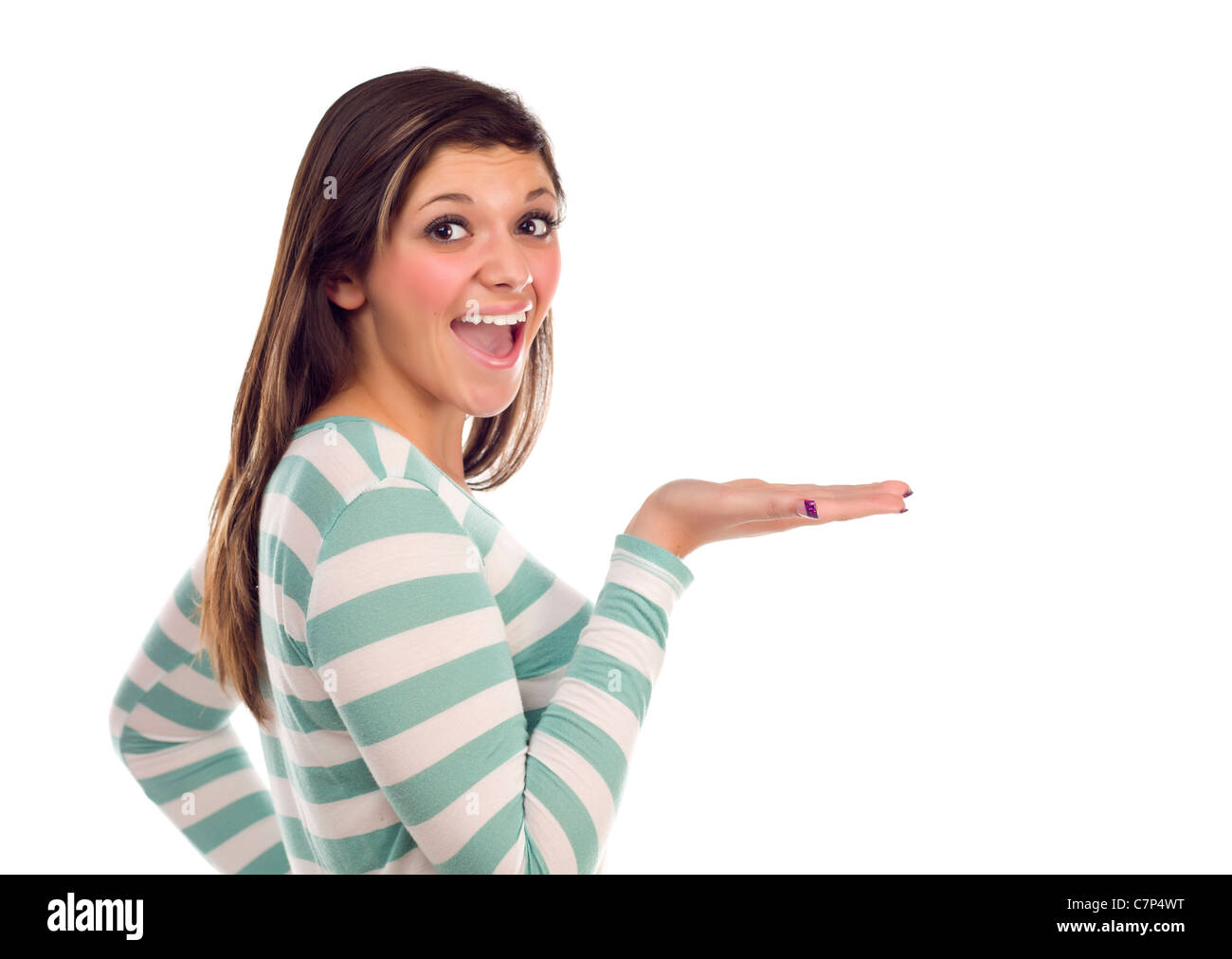 Pretty Smiling Ethnic Female with Empty Hand Flat Out to Her Side ...