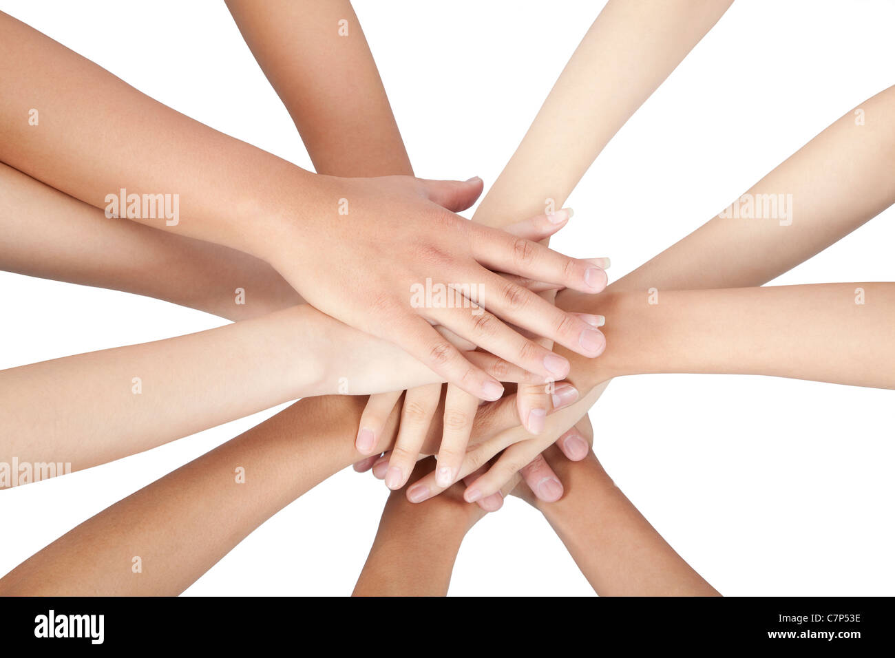 group of people's hands together isolated on white Stock Photo - Alamy