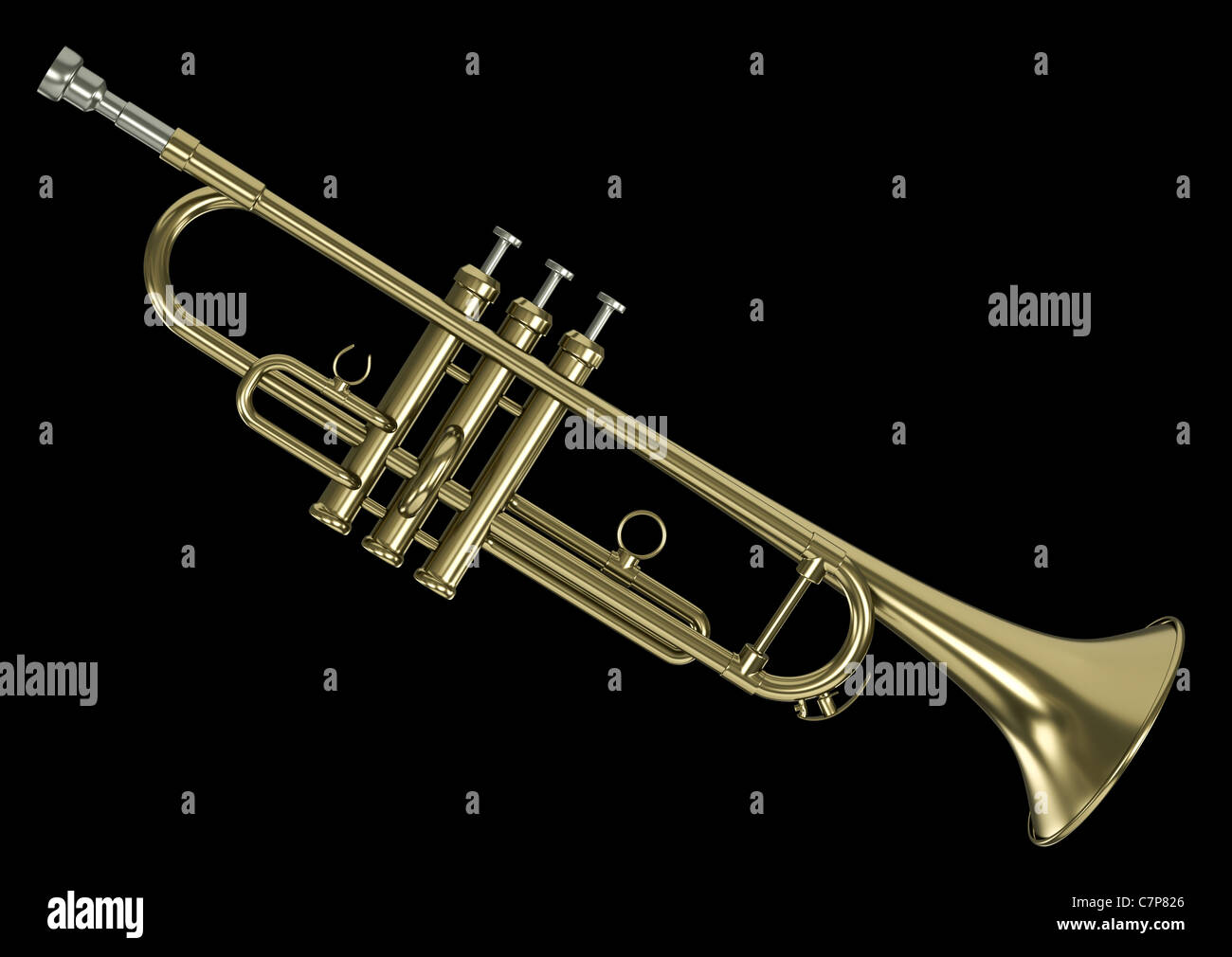 Trumpet isolated on black background. 3D rendered image Stock Photo - Alamy