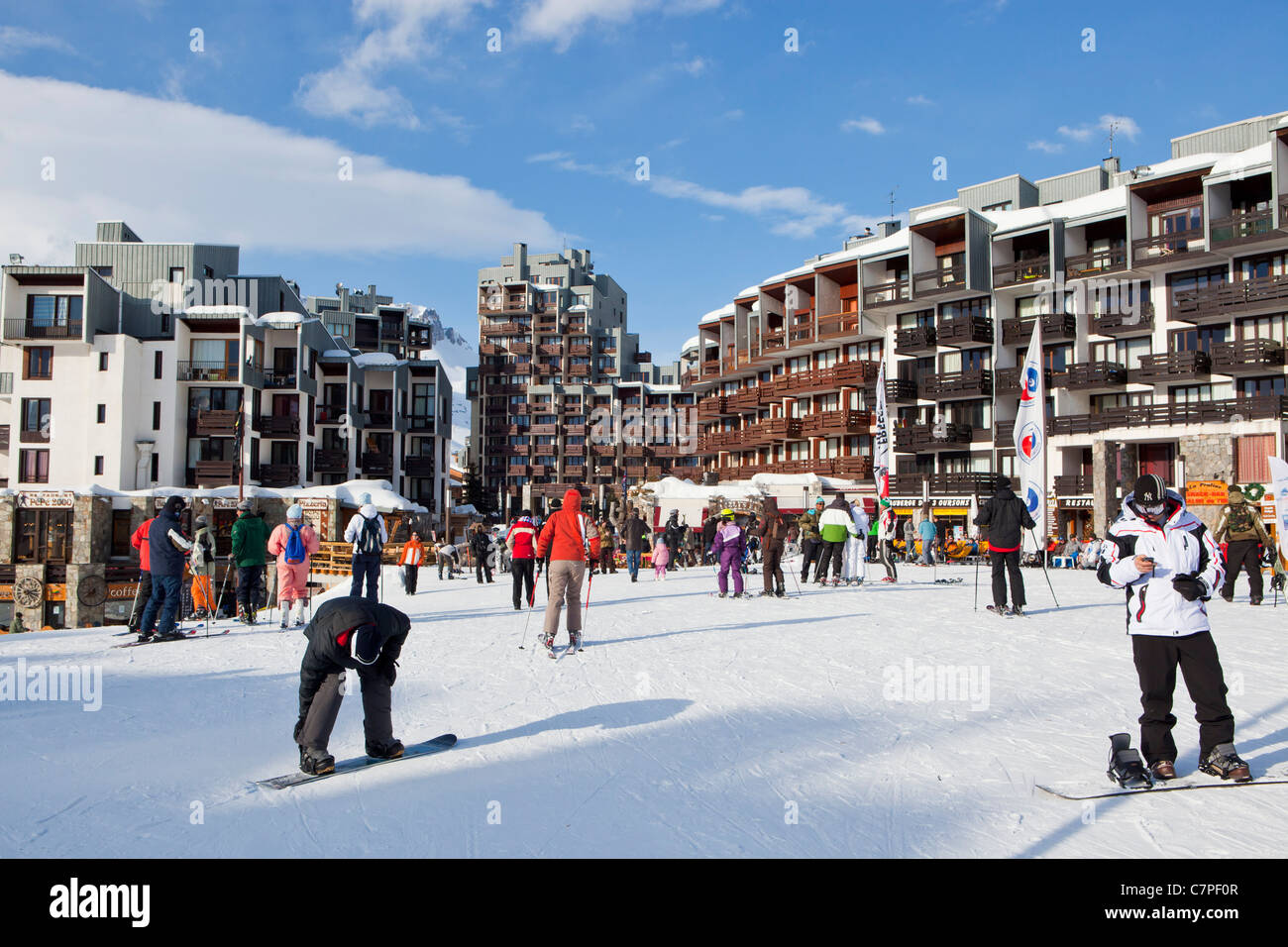skiers and architecture, Tignes Val Claret, Savoie, Rhone-Alpes, France ...