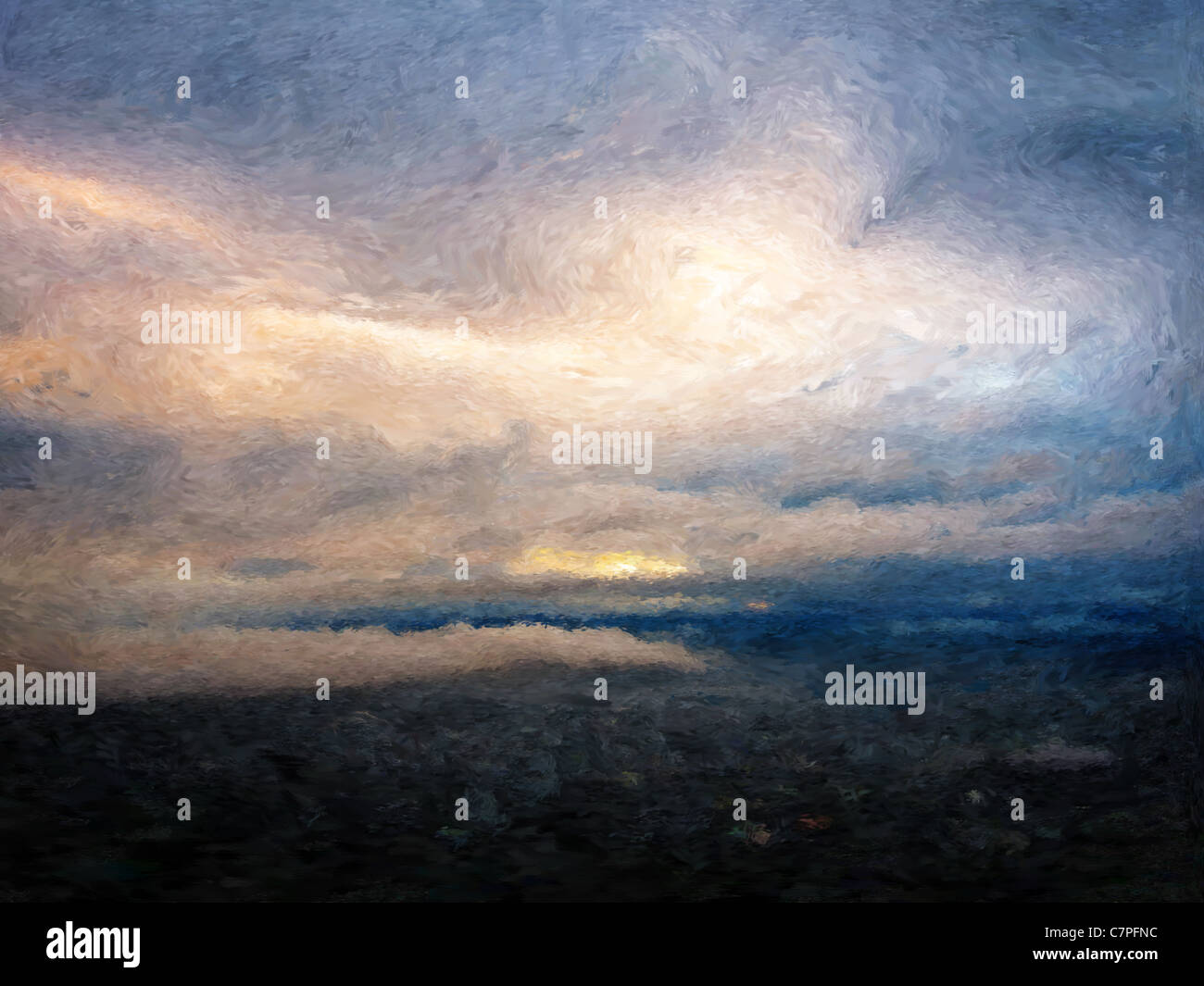 Impressionist-style painting of a cloudy dawn landscape Stock Photo - Alamy