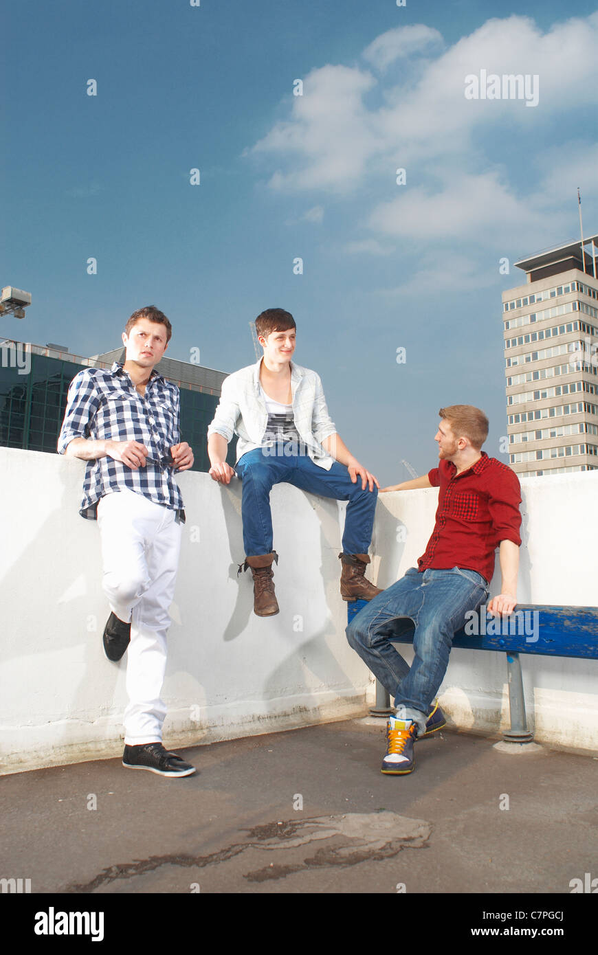 Men talking on urban rooftop Stock Photo - Alamy