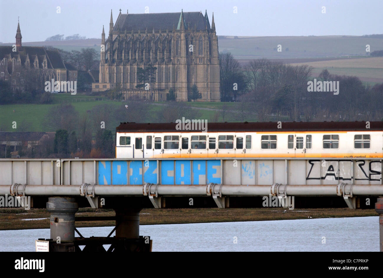The recently refurbished railway bridge crossing the River Adur at ...
