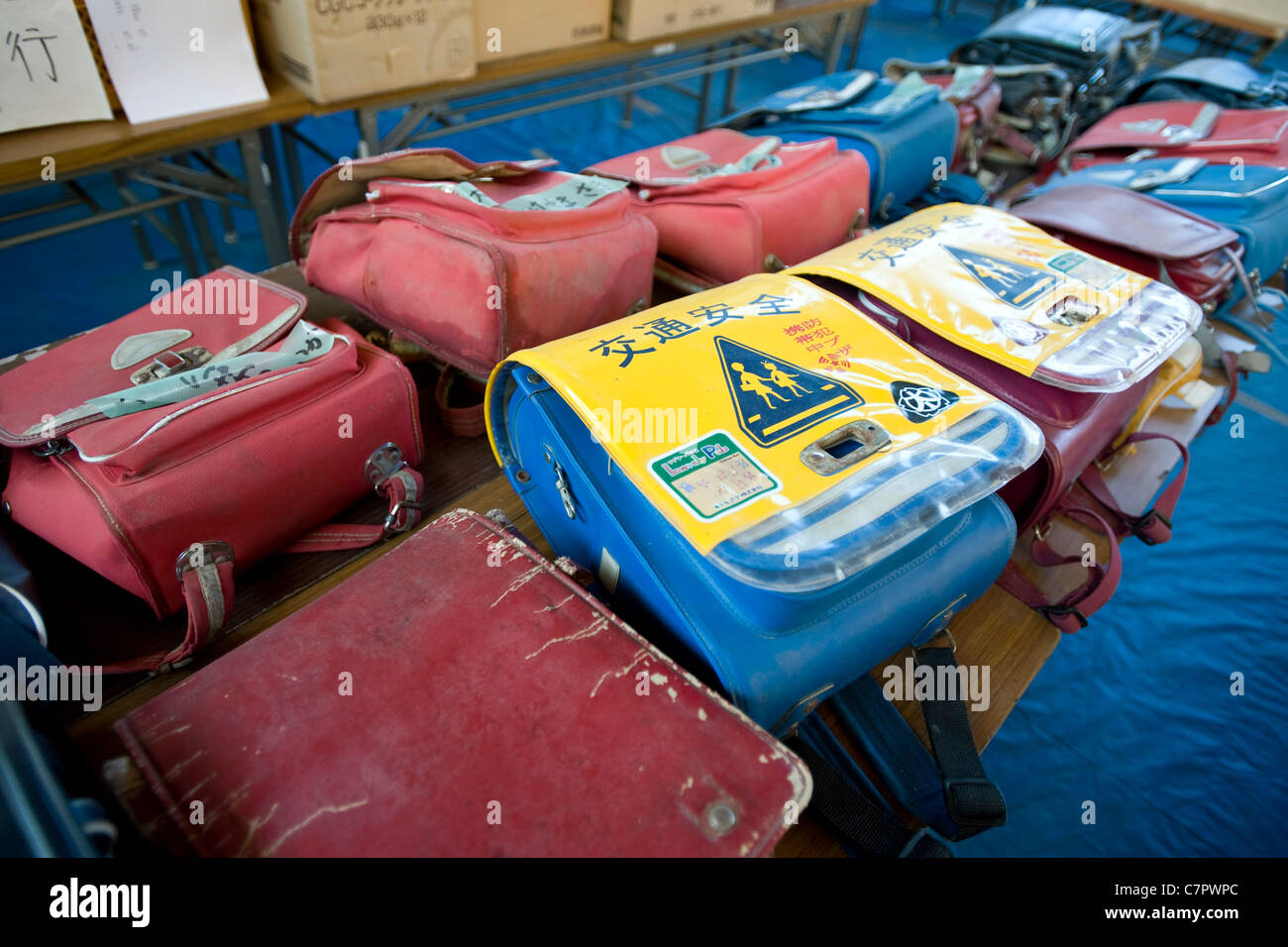 Satchels belonging to elementary school children from Okawa elementary ...