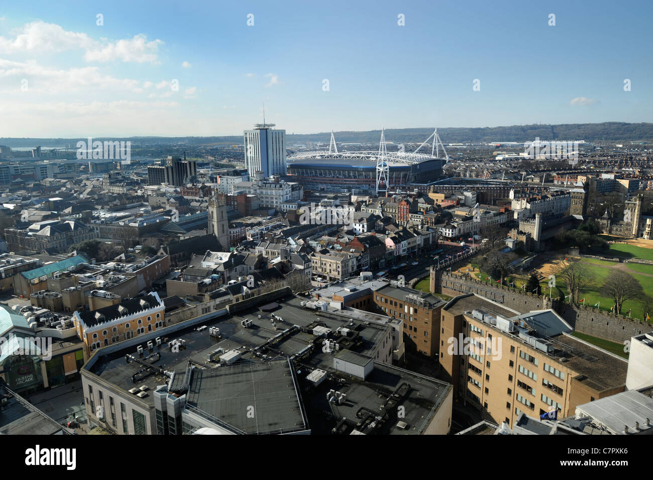 An elevated view of the Welsh city of Cardiff with the Castle (right ...