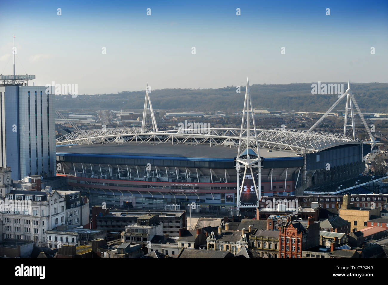 An elevated view of the Millennium Stadium in the Welsh city of Cardiff ...