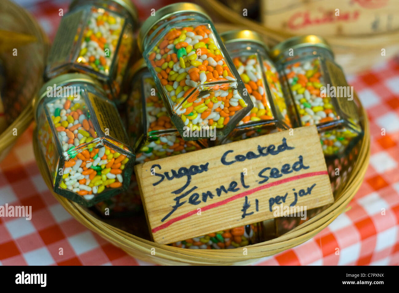 Sugar Coated Fennel seeds in small jars at Chelteham Farmers' Market ...